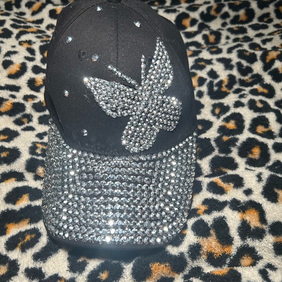 Accessories | Y2k Black Cap With Silver Rhinestones And Butterfly ...